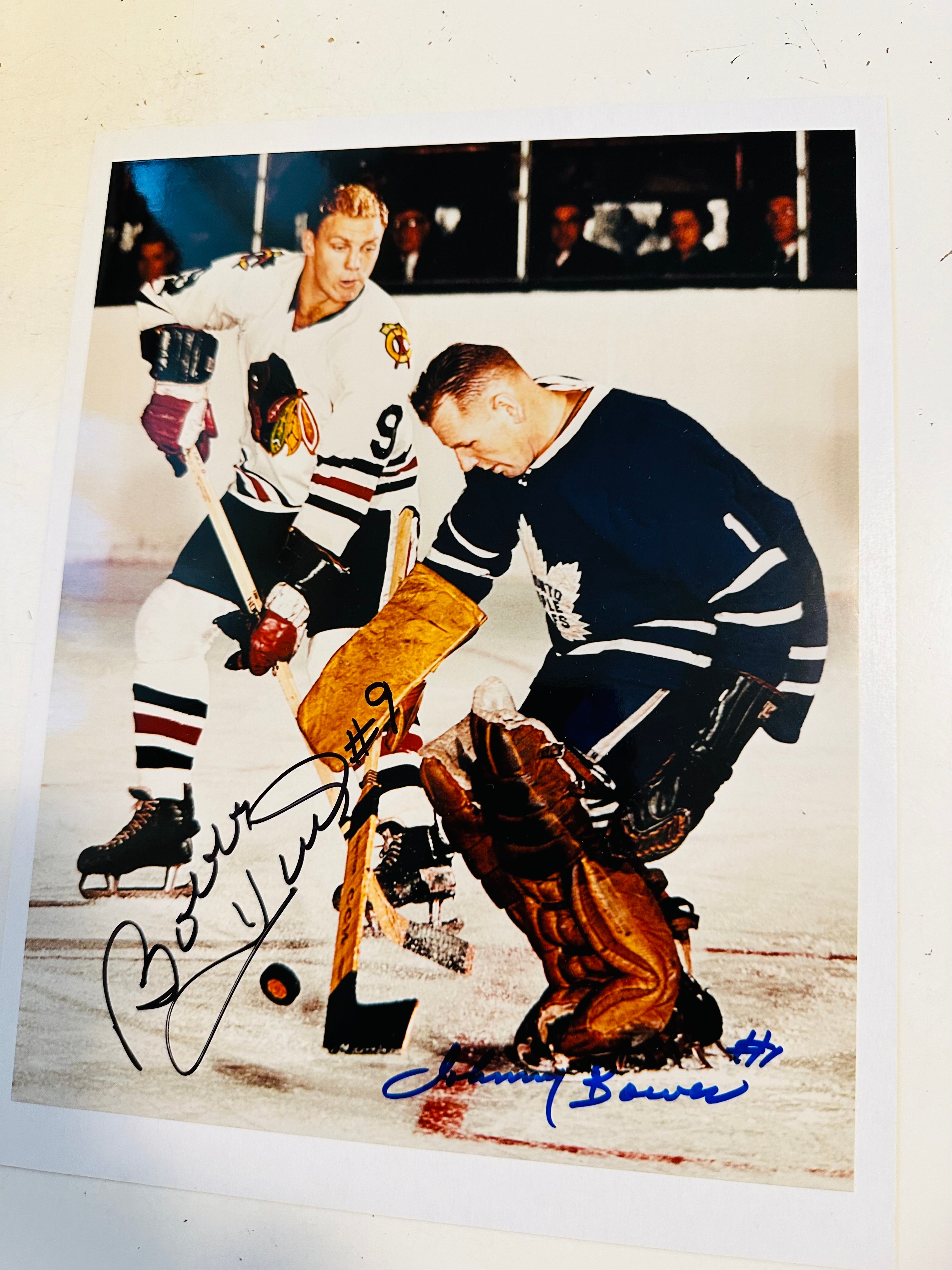 Hockey legends Bobby Hull and Johnny Bower double autograph 8x10 photo